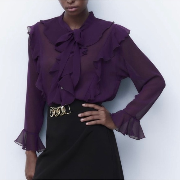 Zara | Tops | Nwt Purple Tied Blouse With Ruffles | Poshmark